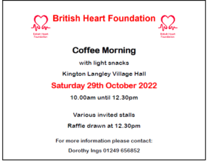 British Heart Foundation Coffee Morning – Kington Langley Village Hall